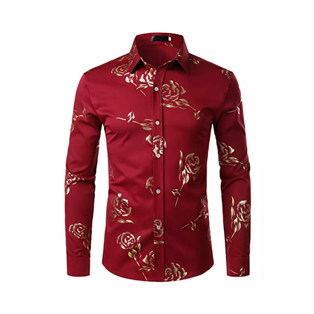 Mens Geek Rose Gold Shiny Flowered Printed Stylish Slim Fit Long